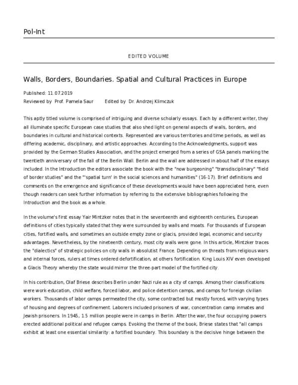 (PDF) Walls, Borders, Boundaries: Spatial and Cultural Practices in ...