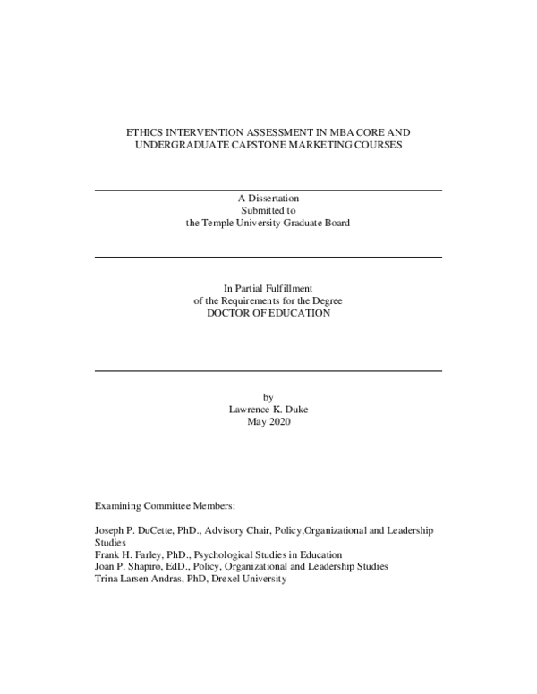 (PDF) Ethics Intervention Assessment in Mba Core and Undergraduate Capstone Marketing Courses ...
