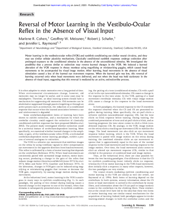 (PDF) Reversal of Motor Learning in the Vestibulo-Ocular Reflex in the ...