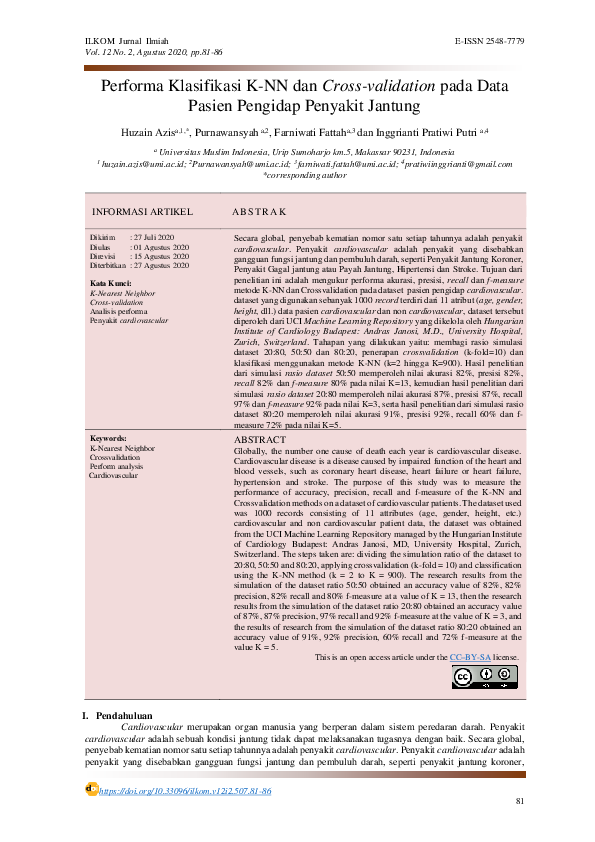 (PDF) Performa Klasifikasi K-NN dan Cross Validation Pada Data Pasien Pengidap Penyakit Jantung