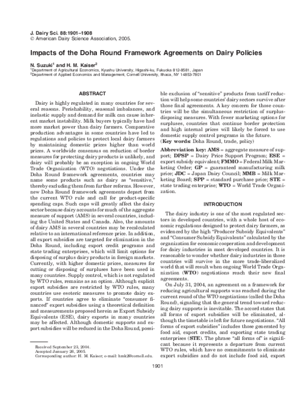 (PDF) Impacts of the Doha Round Framework Agreements on Dairy Policies