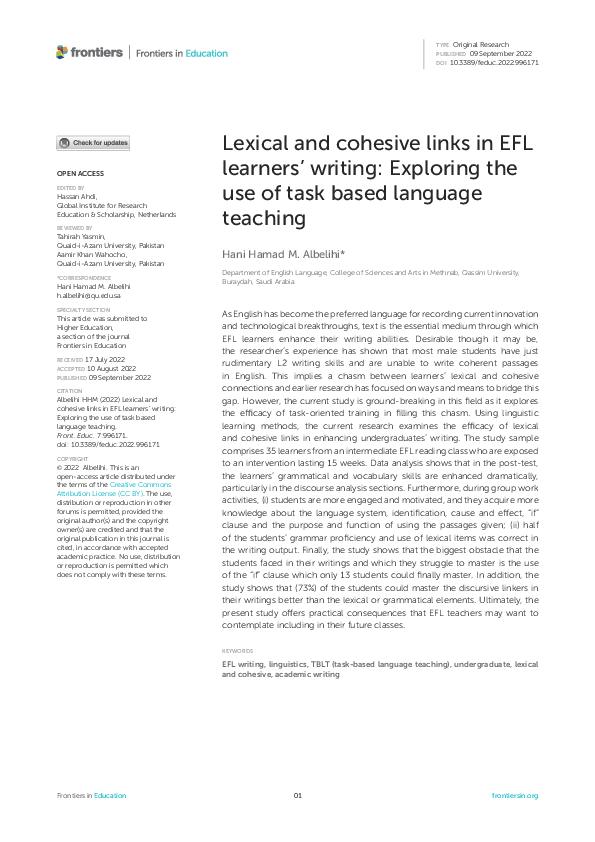 (PDF) Lexical and cohesive links in EFL learners' writing: Exploring ...