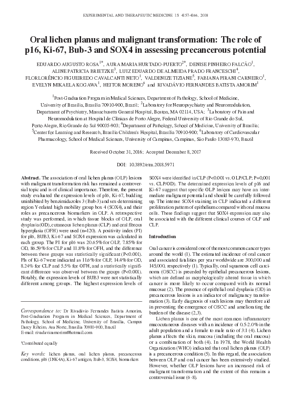 (PDF) Oral lichen planus and malignant transformation: The role of p16, Ki-67, Bub-3 and SOX4 in ...
