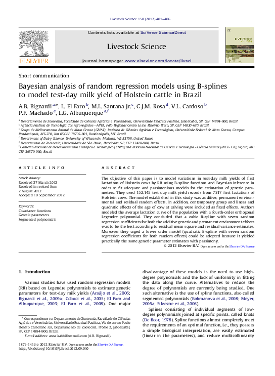 Pdf Bayesian Analysis Of Random Regression Models Using B Splines To Model Test Day Milk Yield