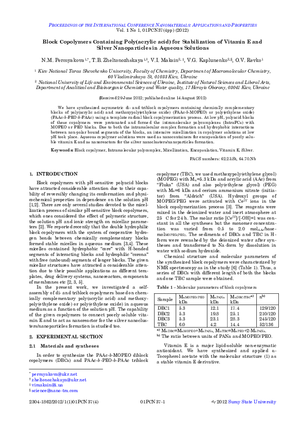 (PDF) Block Copolymers Containing Poly(acrylic acid) for Stabilization of Vitamin E and Silver ...
