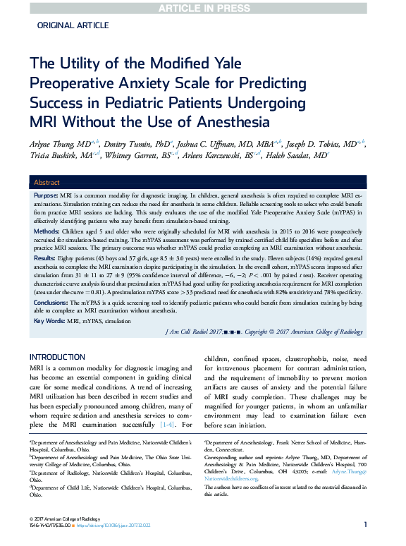 (PDF) The Utility of the Modified Yale Preoperative Anxiety Scale for ...