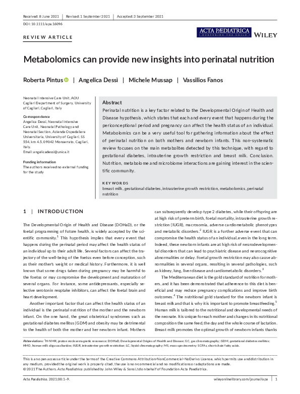 (PDF) Metabolomics can provide new insights into perinatal nutrition | Roberta Pintus - Academia.edu
