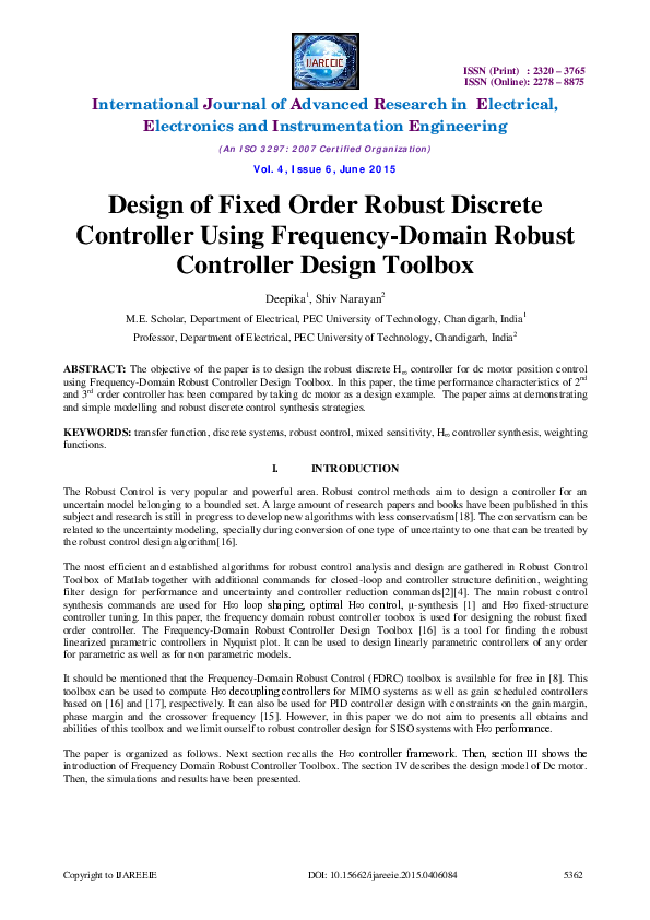 (PDF) Design of Fixed Order Robust Discrete Controller Using Frequency ... (PDF) Design of Fixed Order Robust Discrete Controller Using Frequency ...