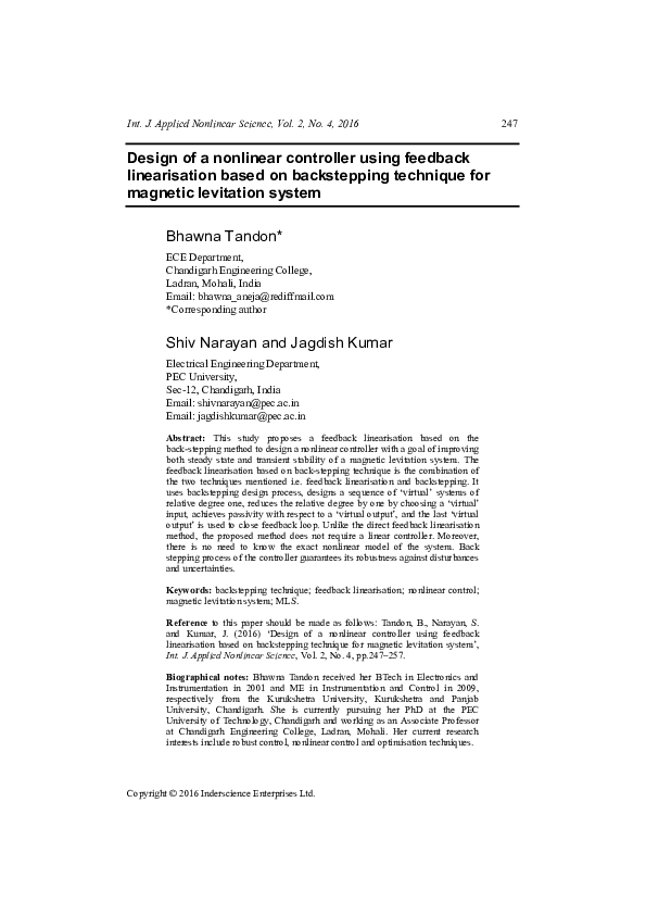 (PDF) Design of a nonlinear controller using feedback linearisation based on backstepping ...