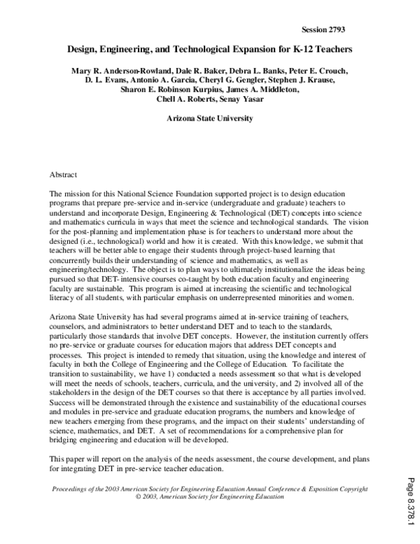 (PDF) Design, Engineering, And Technological Expansion For K 12 Teachers