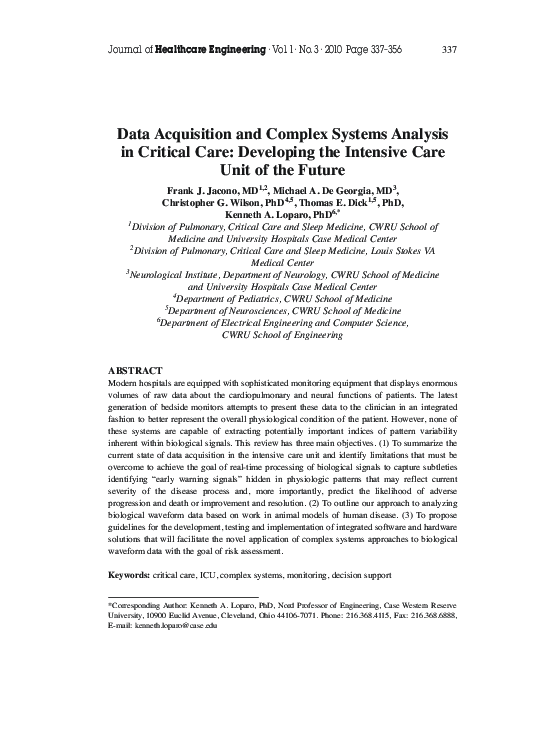 (PDF) Data Acquisition and Complex Systems Analysis in Critical Care: Developing the Intensive ...