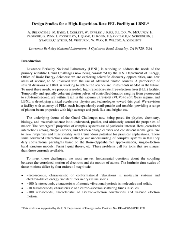 (PDF) Design Studies for a High-Repetition-Rate FEL Facility at LBNL