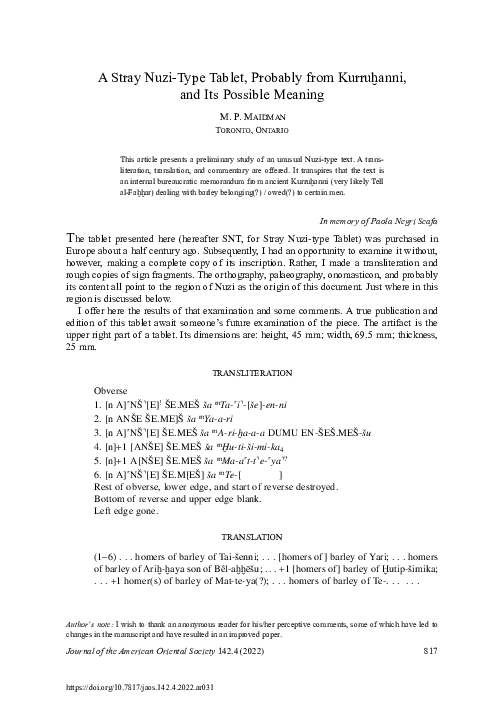 (PDF) A Stray Nuzi-Type Tablet, Probably from Kurruhanni, and Its ...