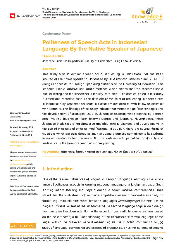 (PDF) Politeness of Speech Acts in Indonesian Language By the Native ...