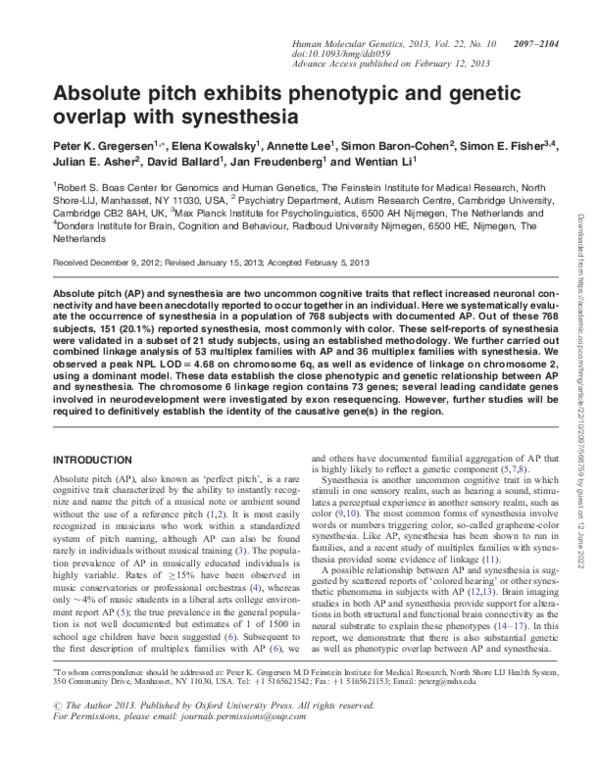 (PDF) Absolute pitch exhibits phenotypic and genetic overlap with synesthesia | Peter Gregersen ...