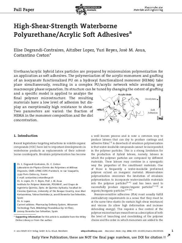 (PDF) High-Shear-Strength Waterborne Polyurethane/Acrylic Soft Adhesives