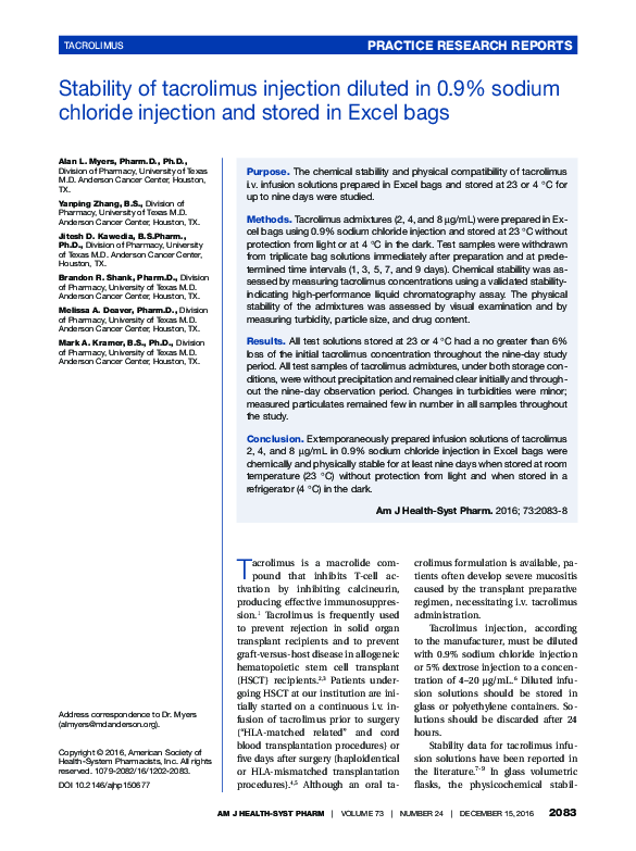 (PDF) Stability of tacrolimus injection diluted in 0.9% sodium chloride ...