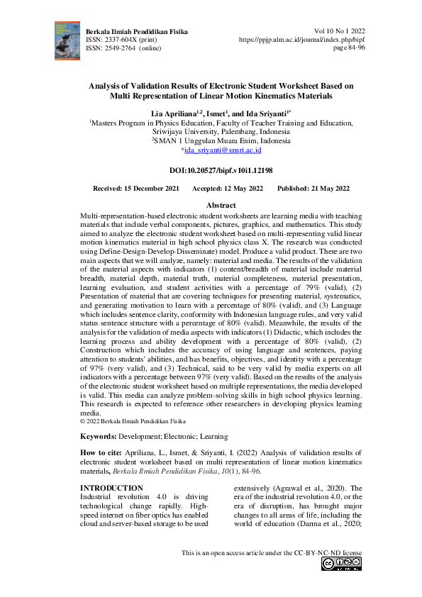 (PDF) Analysis of Validation Results of Electronic Student Worksheet Based on Multi ...