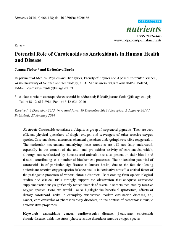 (PDF) Potential Role of Carotenoids as Antioxidants in Human Health and Disease