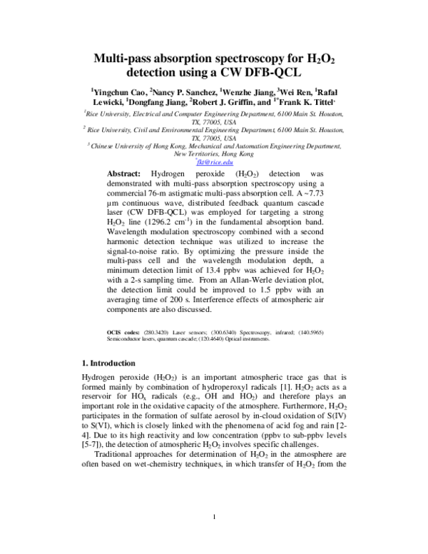 (PDF) Multi-pass absorption spectroscopy for H2O2 detection using a CW DFB-QCL