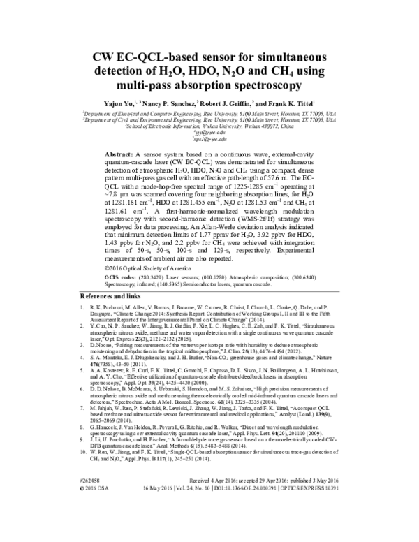 Pdf Cw Ec Qcl Based Sensor For Simultaneous Detection Of H2o Hdo N2o And Ch4 Using Multi