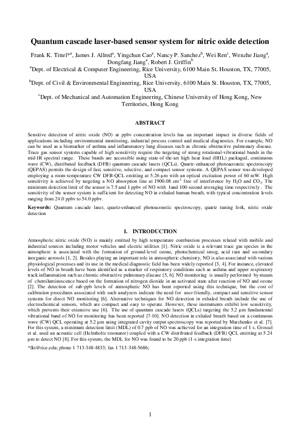 (PDF) Quantum cascade laser-based sensor system for nitric oxide detection