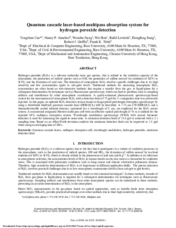 (PDF) Quantum cascade laser-based multipass absorption system for hydrogen peroxide detection