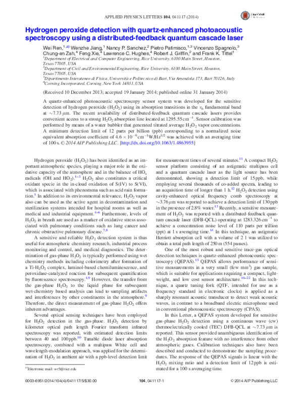 (PDF) Hydrogen peroxide detection with quartz-enhanced photoacoustic spectroscopy using a ...
