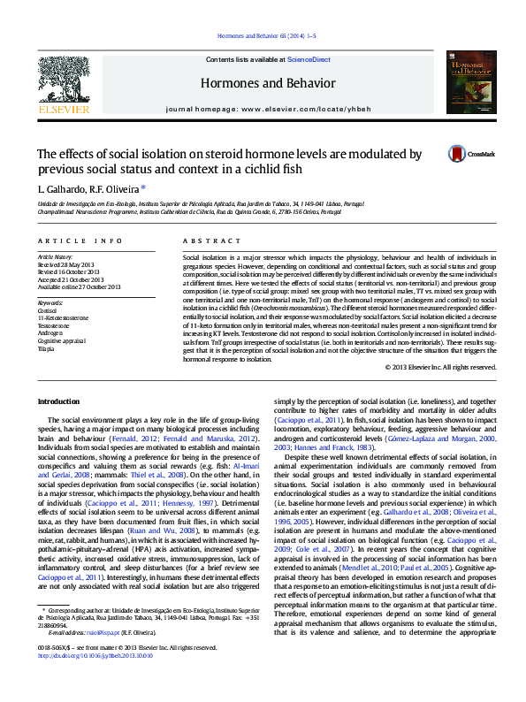 (PDF) The effects of social isolation on steroid hormone levels are ...