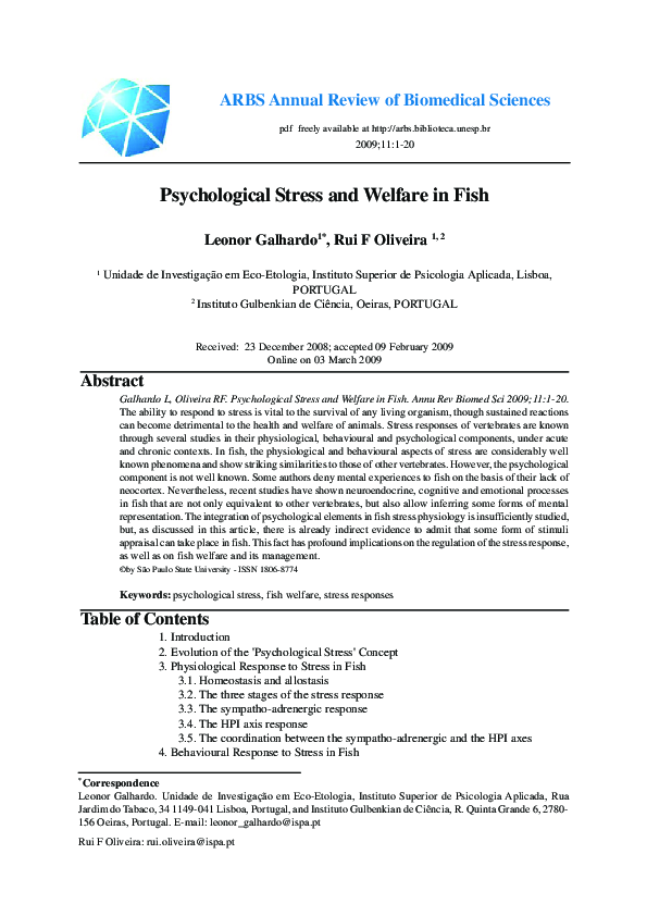 (PDF) Psychological Stress and Welfare in Fish