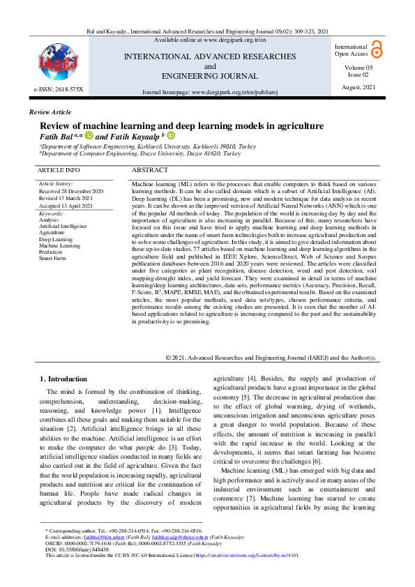 Pdf Review Of Machine Learning And Deep Learning Models In Agriculture