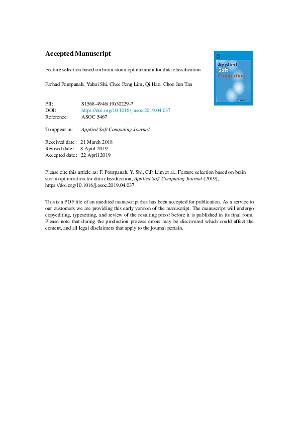 (PDF) Feature selection based on brain storm optimization for data classification