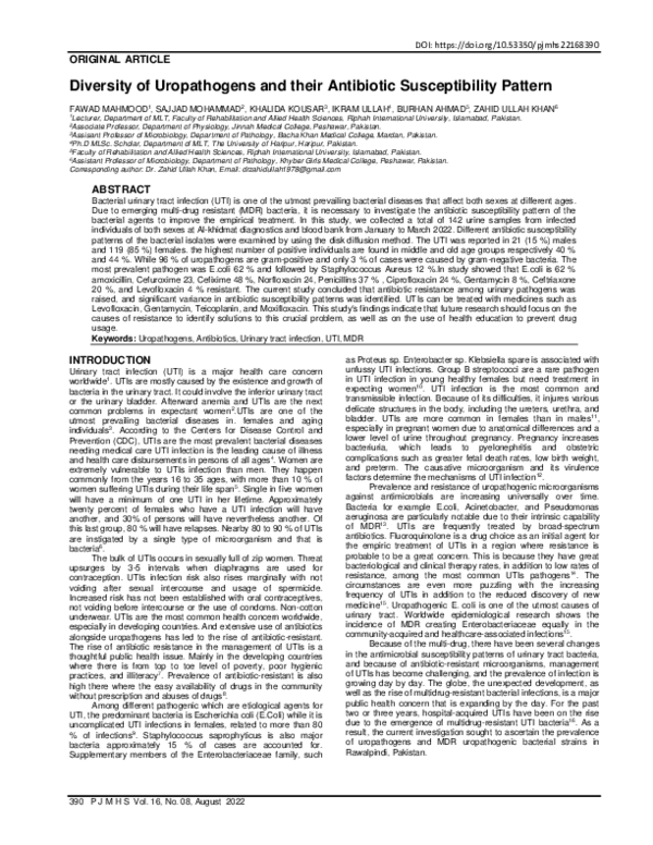 (PDF) Diversity of Uropathogens and their Antibiotic Susceptibility Pattern