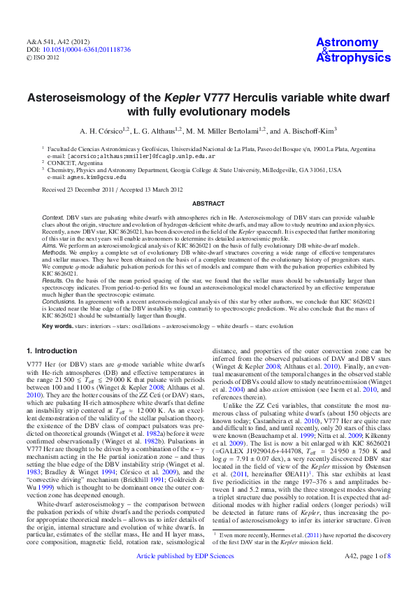 (PDF) Asteroseismology of KIC 8626021 DBV Star