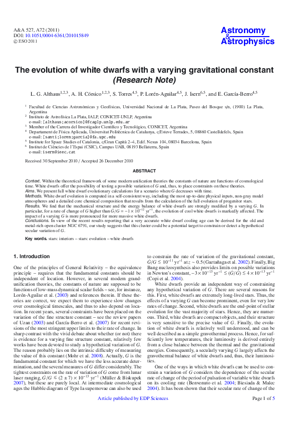 (PDF) The evolution of white dwarfs with a varying gravitational constant