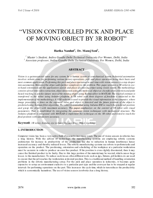 (PDF) Vision Controlled Pick and Place of Moving Object by 3R Robot