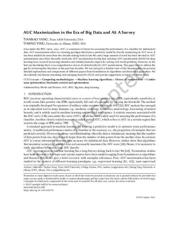 Pdf Auc Maximization In The Era Of Big Data And Ai A Survey Yiming