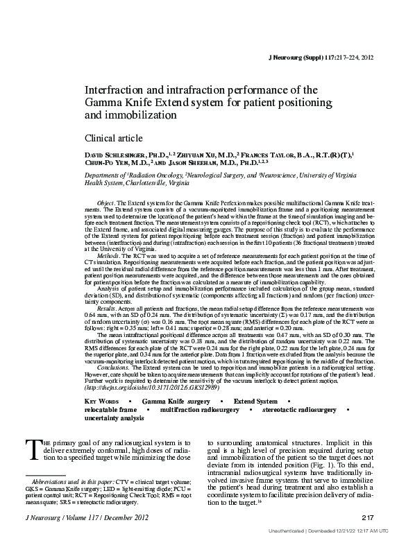 (PDF) Interfraction and intrafraction performance of the Gamma Knife Extend system for patient ...