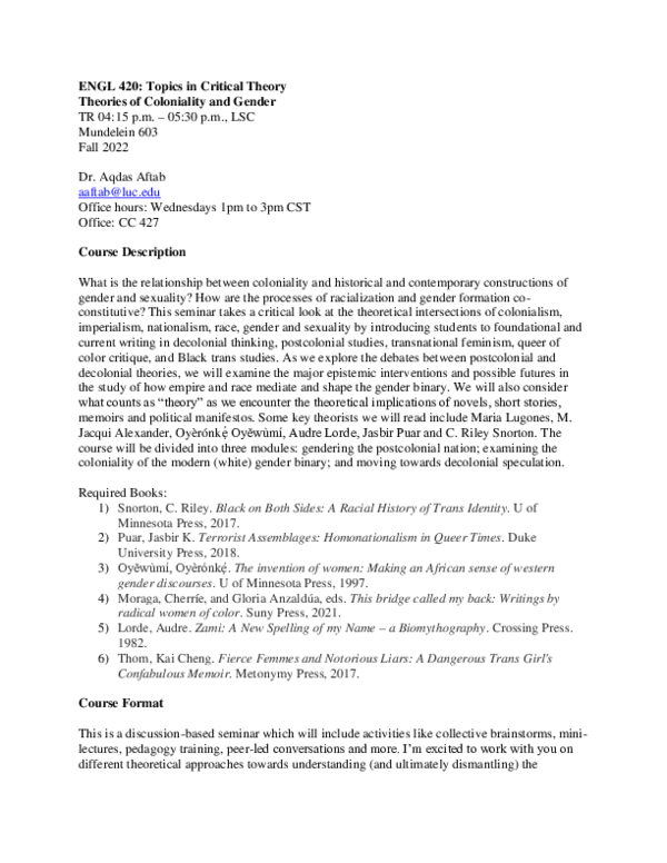 (PDF) Syllabus: Theories of Coloniality and Gender (Graduate Seminar)
