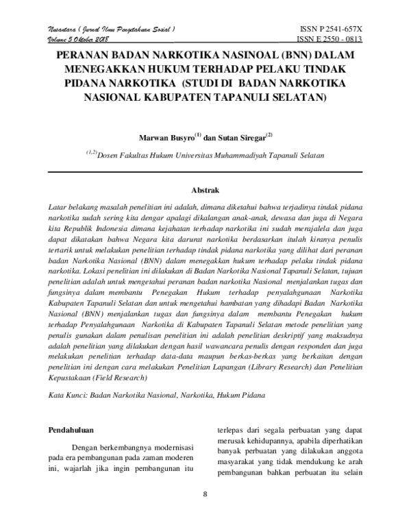 (PDF) Peranan Badan Narkotika Nasinoal (BNN) Dalam Menegakkan Hukum Terhadap Pelaku Tindak ...