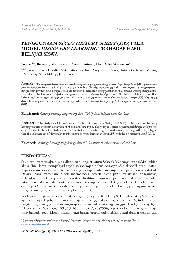 (PDF) Penggunaan Study History Sheet Pada Model Pembelajaran Discovery ...