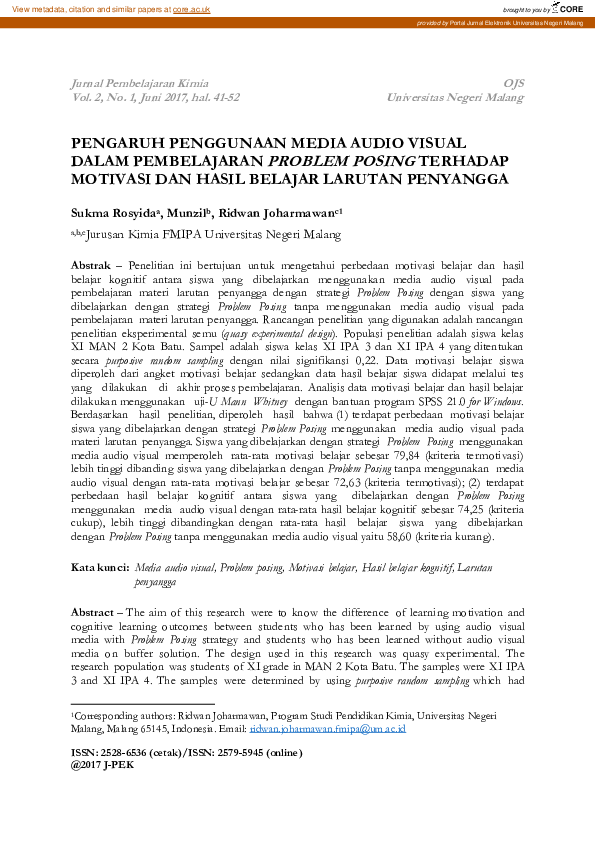 (PDF) Pengaruh Penggunaan Media Audio Visual Dalam Pembelajaran Problem Posing Terhadap Motivasi ...