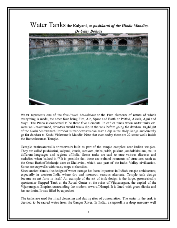 (DOC) Water Tanks the Kalyani, or pushkarni of the Hindu Mandirs