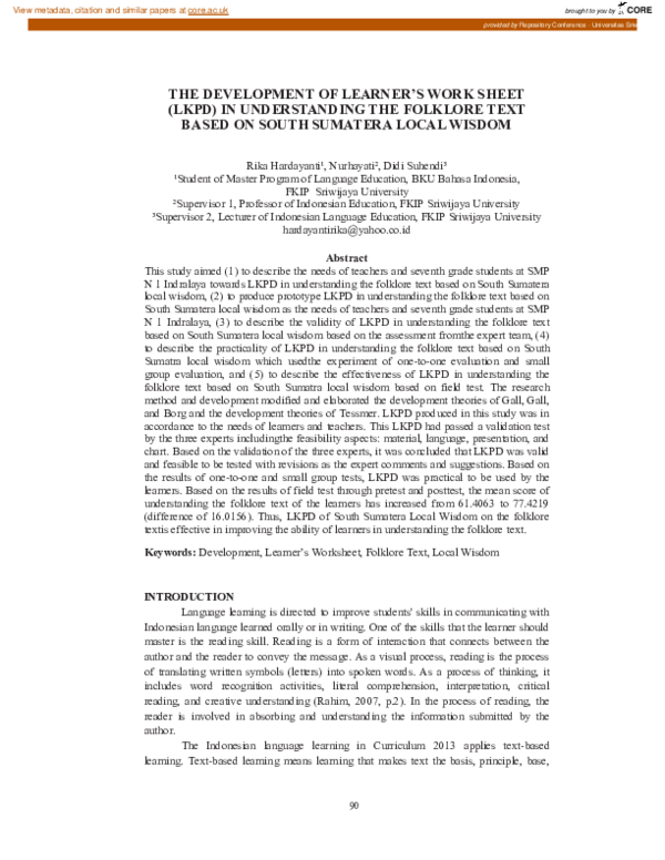 (PDF) The Development of Learner’s Work Sheet (LKPD) in Understanding the Folklore Text Based on ...