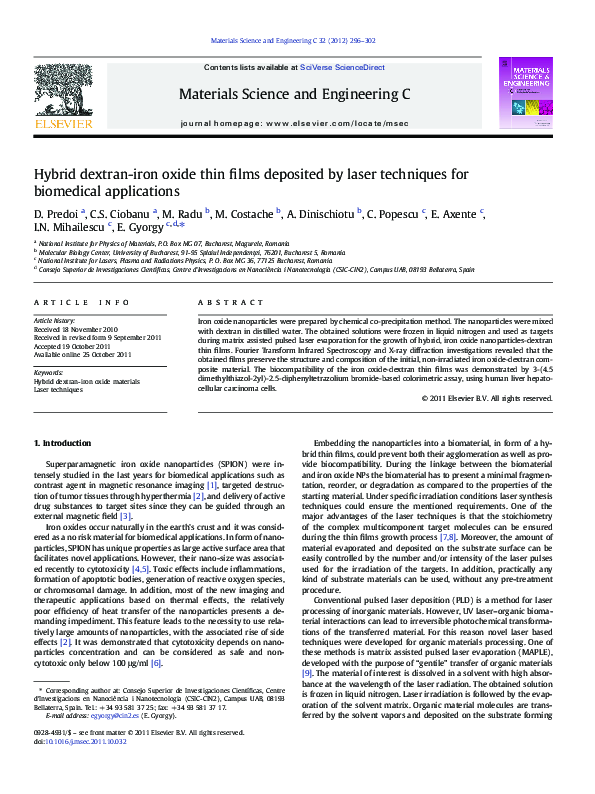 (PDF) Hybrid dextran-iron oxide thin films deposited by laser techniques for biomedical applications