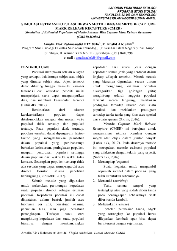 (PDF) SIMULASI ESTIMASI POPULASI HEWAN MOTIL DENGAN METODE CAPTURE MARK RELEASE RECAPTURE (CMRR ...