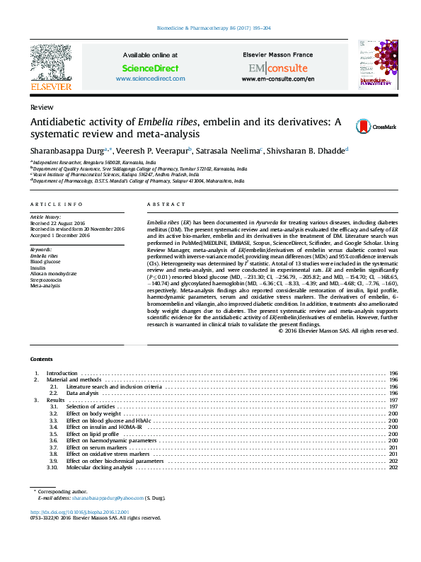 (PDF) Antidiabetic activity of Embelia ribes, embelin and its ...