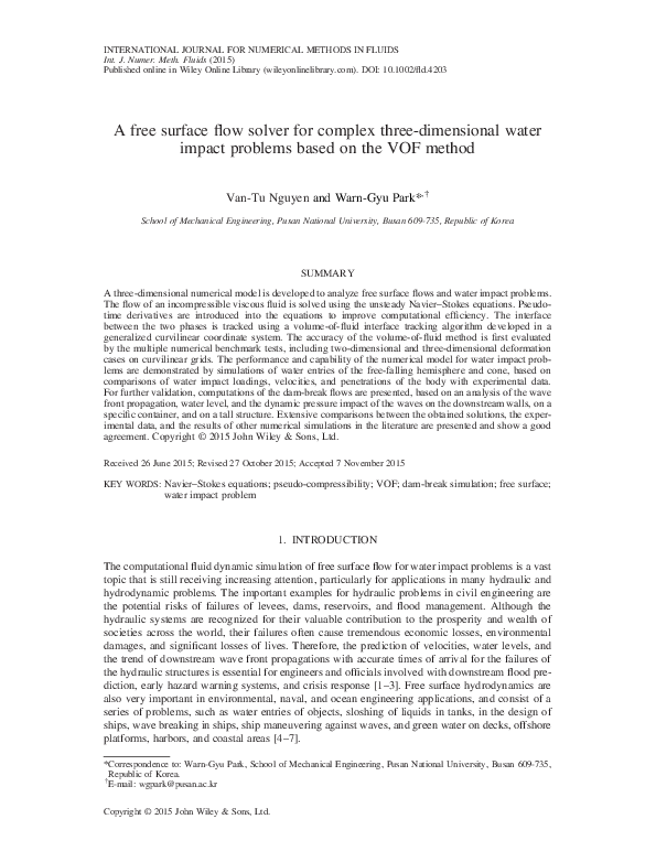 Pdf A Free Surface Flow Solver For Complex Three Dimensional Water Impact Problems Based On