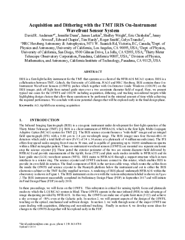 (PDF) Acquisition and Dithering with the TMT IRIS On-Instrument Wavefront Sensor System | Gelys ...