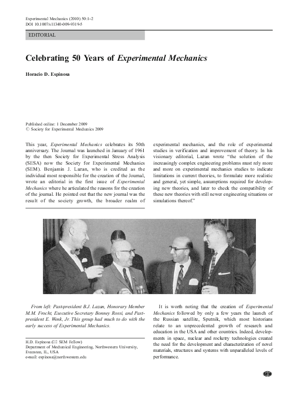 (PDF) Celebrating 50 Years of Experimental Mechanics